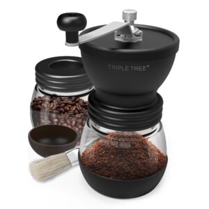 manual coffee grinder with ceramic burrs, hand coffee mill with two glass jars(11oz each), brush and tablespoon scoop