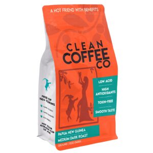 clean coffee co. | low acid coffee, 12oz bag ground coffee | medium roast from papua new guinea | toxin and mold free, antioxidant rich, smooth taste for espresso, french press, or iced coffee