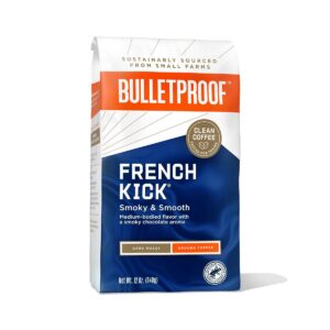 french kick ground coffee, dark roast, 12 oz, bulletproof keto friendly 100% arabica coffee, certified clean coffee, rainforest alliance, sourced from guatemala, colombia & brazil