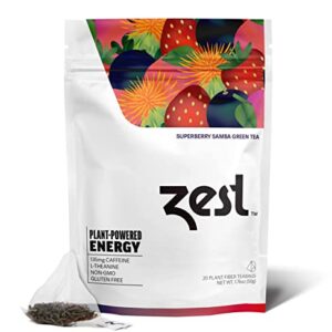 Zest 135mg High Caffeine Energy Leaf Blend - Superberry Samba Green Tea - 20 Pack Bag - Hot or Iced - All Natural Strong Flavored Healthy Coffee Highly Caffeinated Substitute - Perfect for Keto Diet