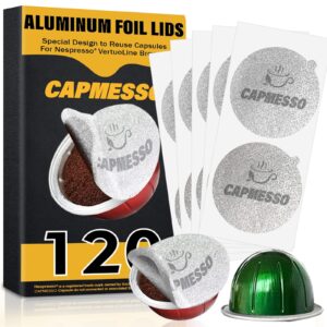 capmesso aluminum foil lids for reusable nespresso vertuo pods, coffee pods sticker covers seals compatible with nespresso reusable pods vertuo refillable vertuo capsule (vertuo pods lids-120 pcs)