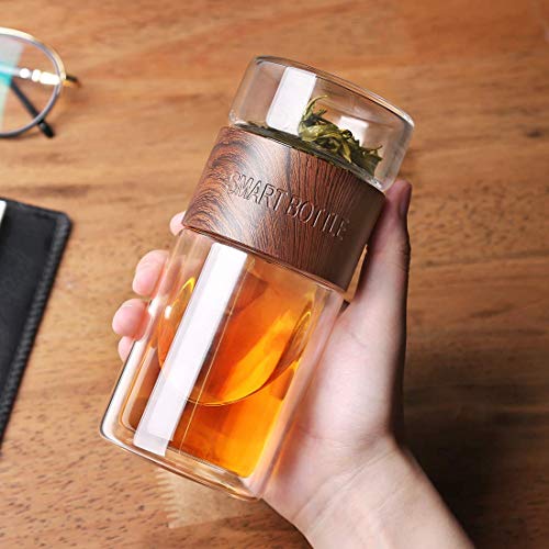 oneisall Tea Infuser Bottle - 7oz Glass Tumbler, Glass Travel Tea Mug for Loose Leaf Tea, Fruit and Cold Brew Coffee (Brown)