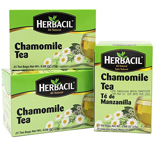 Herbacil Chamomile Tea, Made with Chamomile Flowers, Caffeine-Free, 3-pack of 25 bags per box (75 Tea Bags)