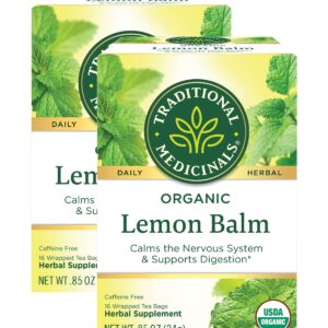 Traditional Medicinals Organic Lemon Balm Herbal Tea, Calming and Supports Digestion (Pack of 2) - 32 Tea Bags Total