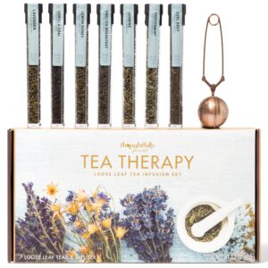 thoughtfully gourmet, tea therapy infusion gift set, 7 unique flavors and reusable copper ball infuser, loose leaf tea set flavors include peppermint, jasmine, vanilla chai and more, set of 7