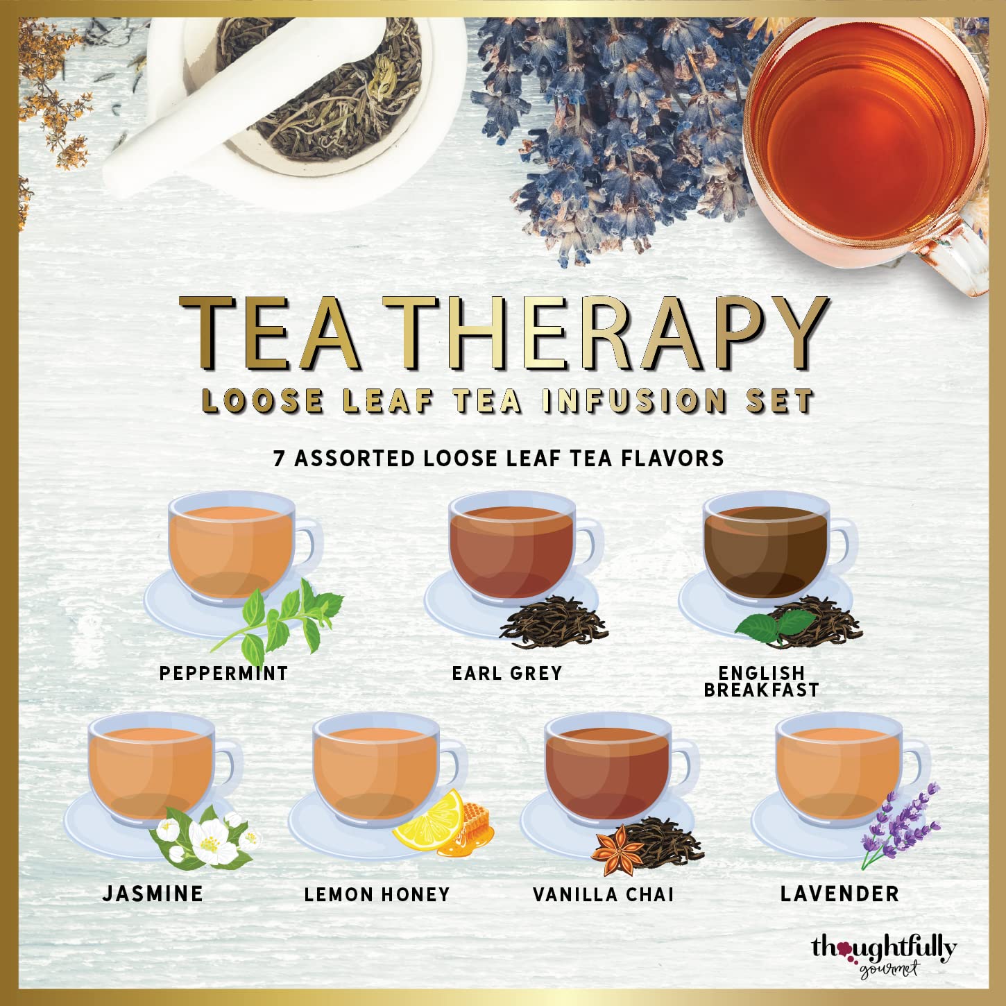 Thoughtfully Gourmet, Tea Therapy Infusion Gift Set, 7 Unique Flavors and Reusable Copper Ball Infuser, Loose Leaf Tea Set Flavors Include Peppermint, Jasmine, Vanilla Chai and More, Set of 7