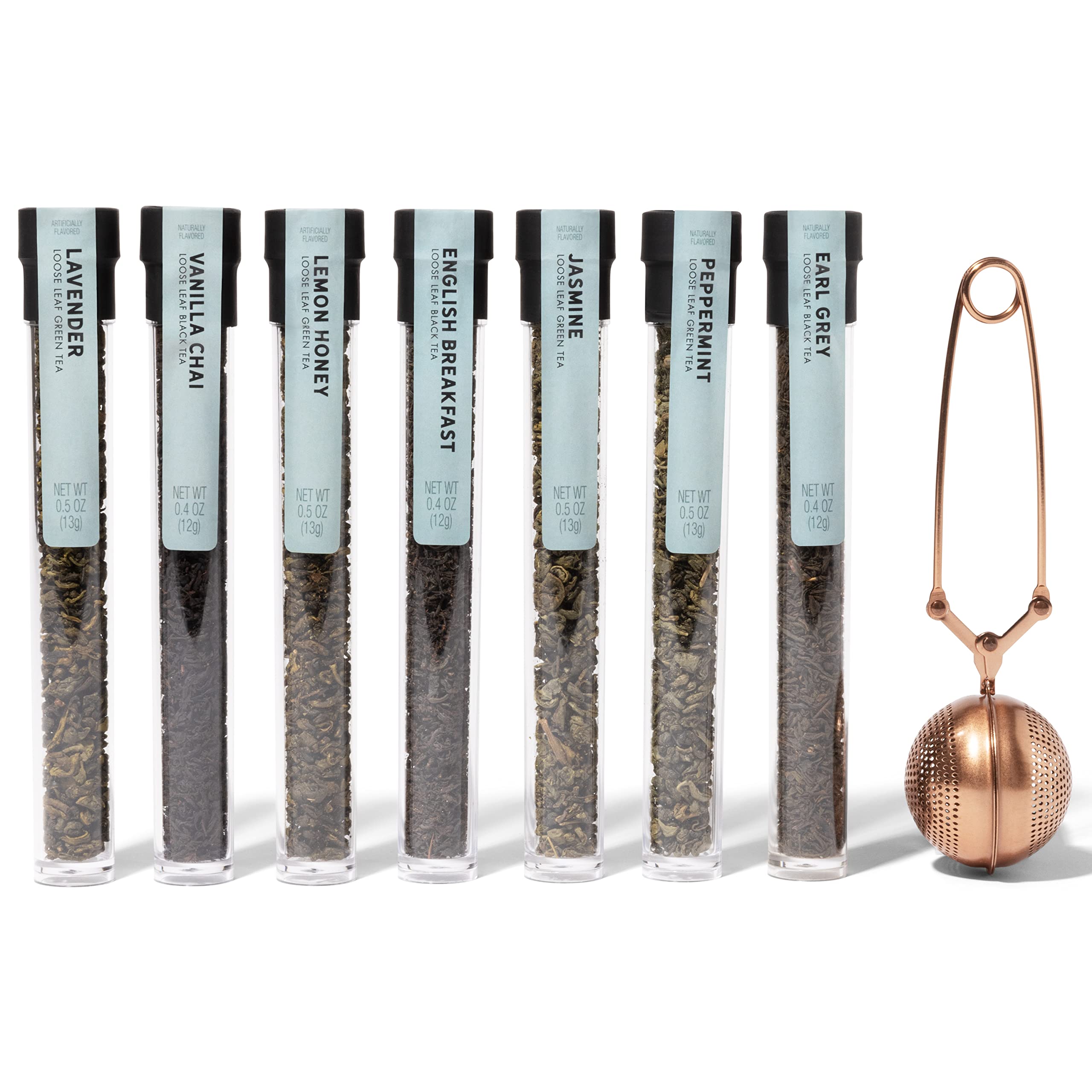 Thoughtfully Gourmet, Tea Therapy Infusion Gift Set, 7 Unique Flavors and Reusable Copper Ball Infuser, Loose Leaf Tea Set Flavors Include Peppermint, Jasmine, Vanilla Chai and More, Set of 7