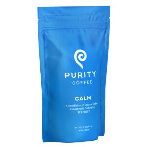 purity coffee calm decaf medium roast whole beans - usda certified organic specialty grade arabica swiss water processed decaffeinated - third party tested for mold, mycotoxins, pesticides - 12 oz bag