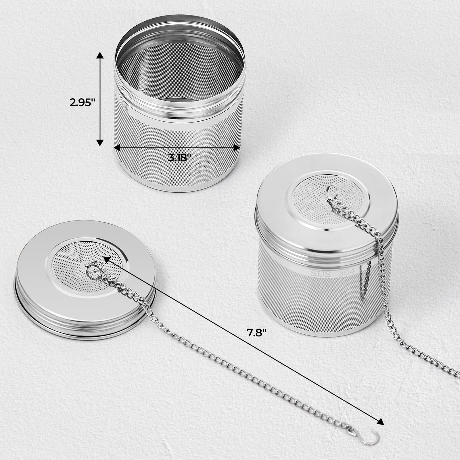 Reinmoson 2 Pack Large Tea Ball Infuser for Loose Leaf Tea & Spice Ball for Cooking Soup, 304 Stainless Steel, Threaded Lid, Chain Hook, Extra Fine Mesh Tea Strainer Ball for Herb, Iced Tea