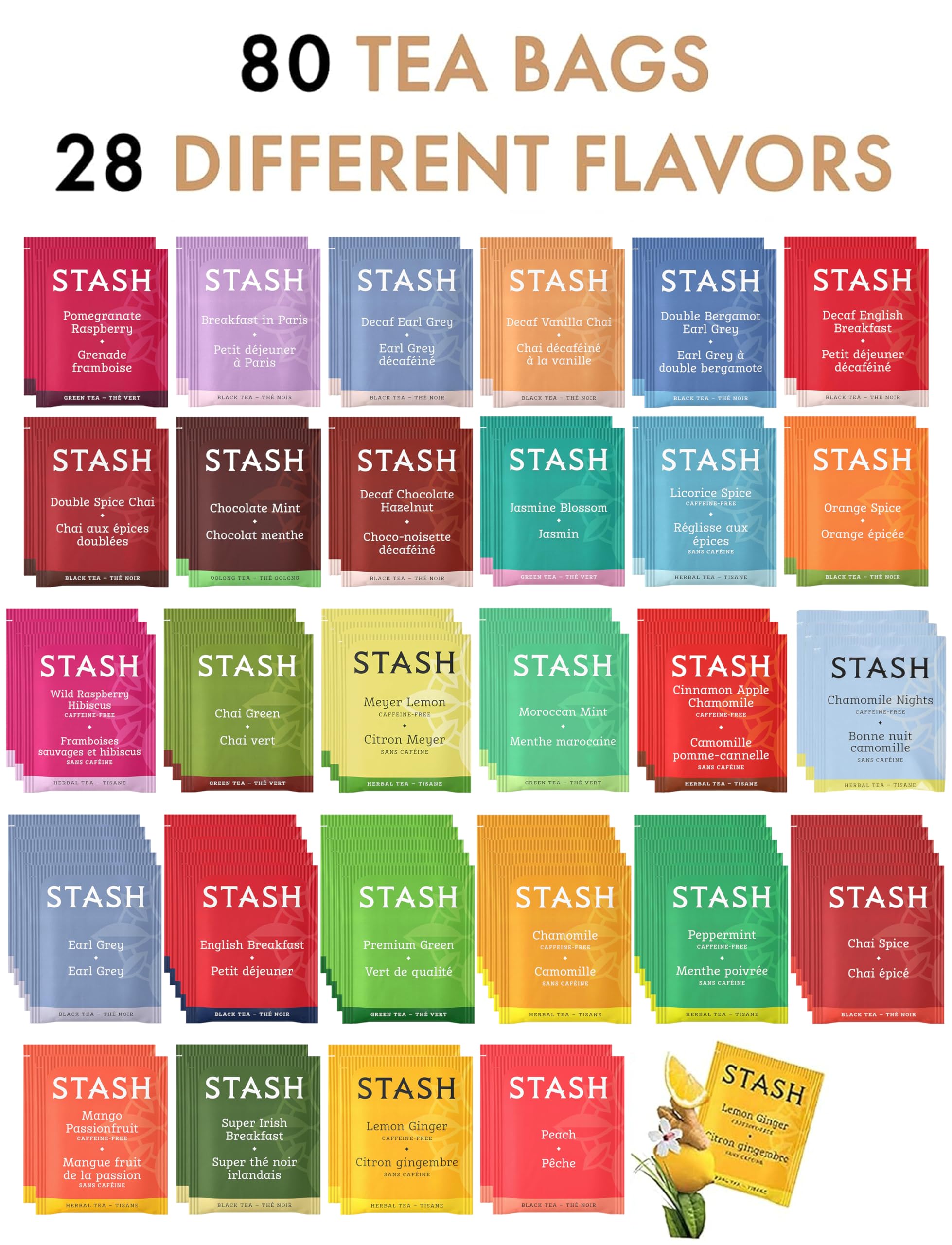 Eva's Gift Universe, Stash Tea Bags Sampler Assortment Box (80 Count) 28 Flavors Perfect Variety Pack in Wood (MDF) Gift Organizer Storage Gifts for Mom Dad Family Friends Coworker Women Men (Brown)