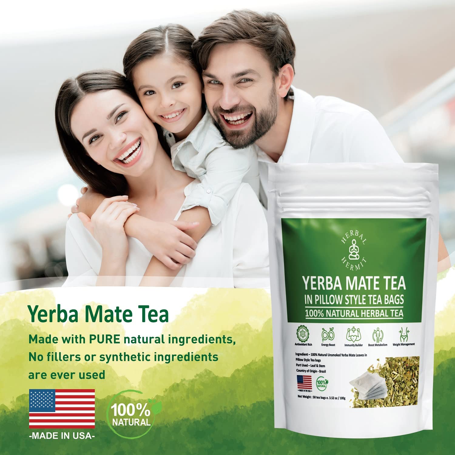 Herbal Hermit Yerba Mate herbal-teas with 50 tea bags Natural Organic Yerba Matte Rich in Chlorophyll, Antioxidants and Vitamins, Made in USA