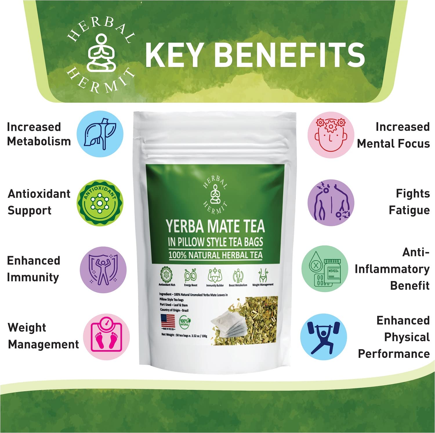 Herbal Hermit Yerba Mate herbal-teas with 50 tea bags Natural Organic Yerba Matte Rich in Chlorophyll, Antioxidants and Vitamins, Made in USA