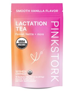 pink stork organic lactation support tea for breast milk supply - fenugreek, milk thistle, fennel - breastfeeding essentials, caffeine-free - 15 sachets, smooth vanilla