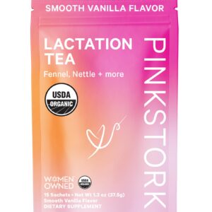 Pink Stork Organic Lactation Support Tea for Breast Milk Supply - Fenugreek, Milk Thistle, Fennel - Breastfeeding Essentials, Caffeine-Free - 15 Sachets, Smooth Vanilla