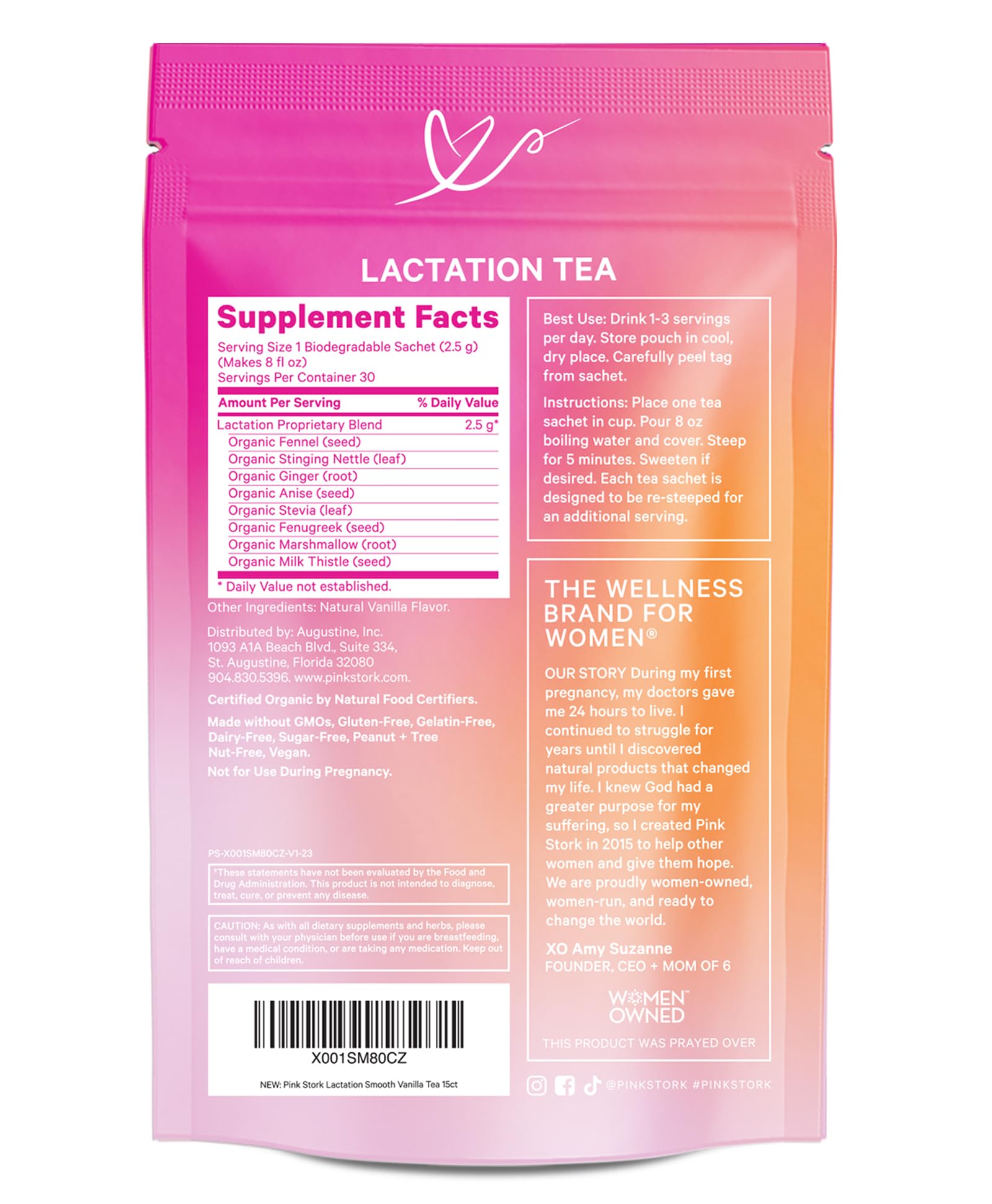 Pink Stork Organic Lactation Support Tea for Breast Milk Supply - Fenugreek, Milk Thistle, Fennel - Breastfeeding Essentials, Caffeine-Free - 15 Sachets, Smooth Vanilla