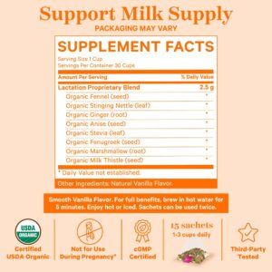 Pink Stork Organic Lactation Support Tea for Breast Milk Supply - Fenugreek, Milk Thistle, Fennel - Breastfeeding Essentials, Caffeine-Free - 15 Sachets, Smooth Vanilla