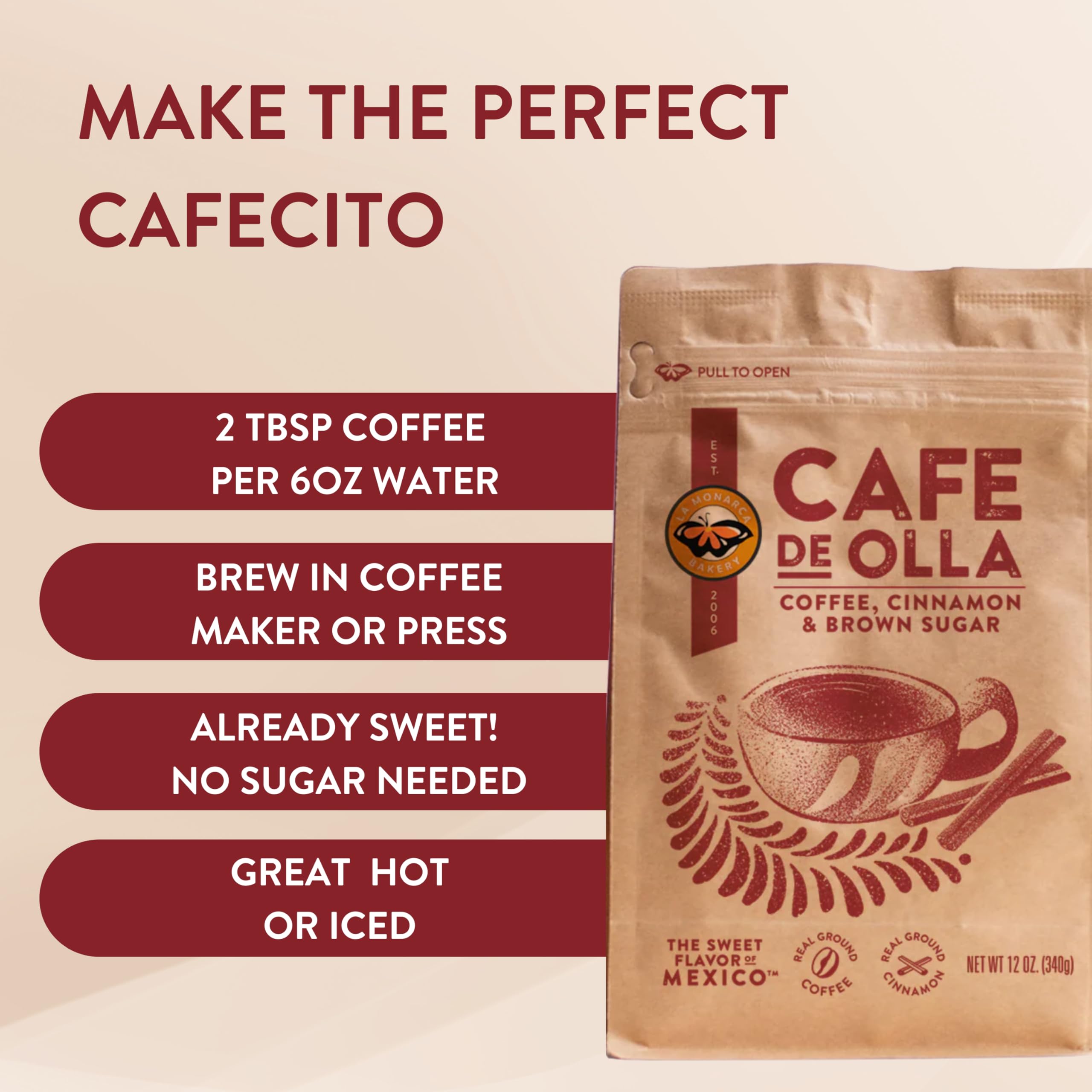 Café De Olla Ground Coffee, 12 Ounce, Cinnamon and Brown Sugar Spiced Mexican Dark Roast Coffee by La Monarca Bakery