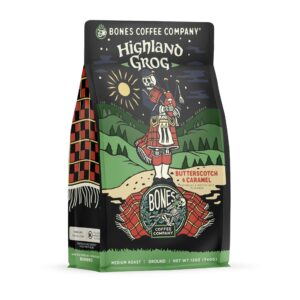 bones coffee company highland grog flavored ground coffee beans butterscotch caramel flavor | 12 oz medium roast arabica low acid coffee | gourmet coffee (ground)