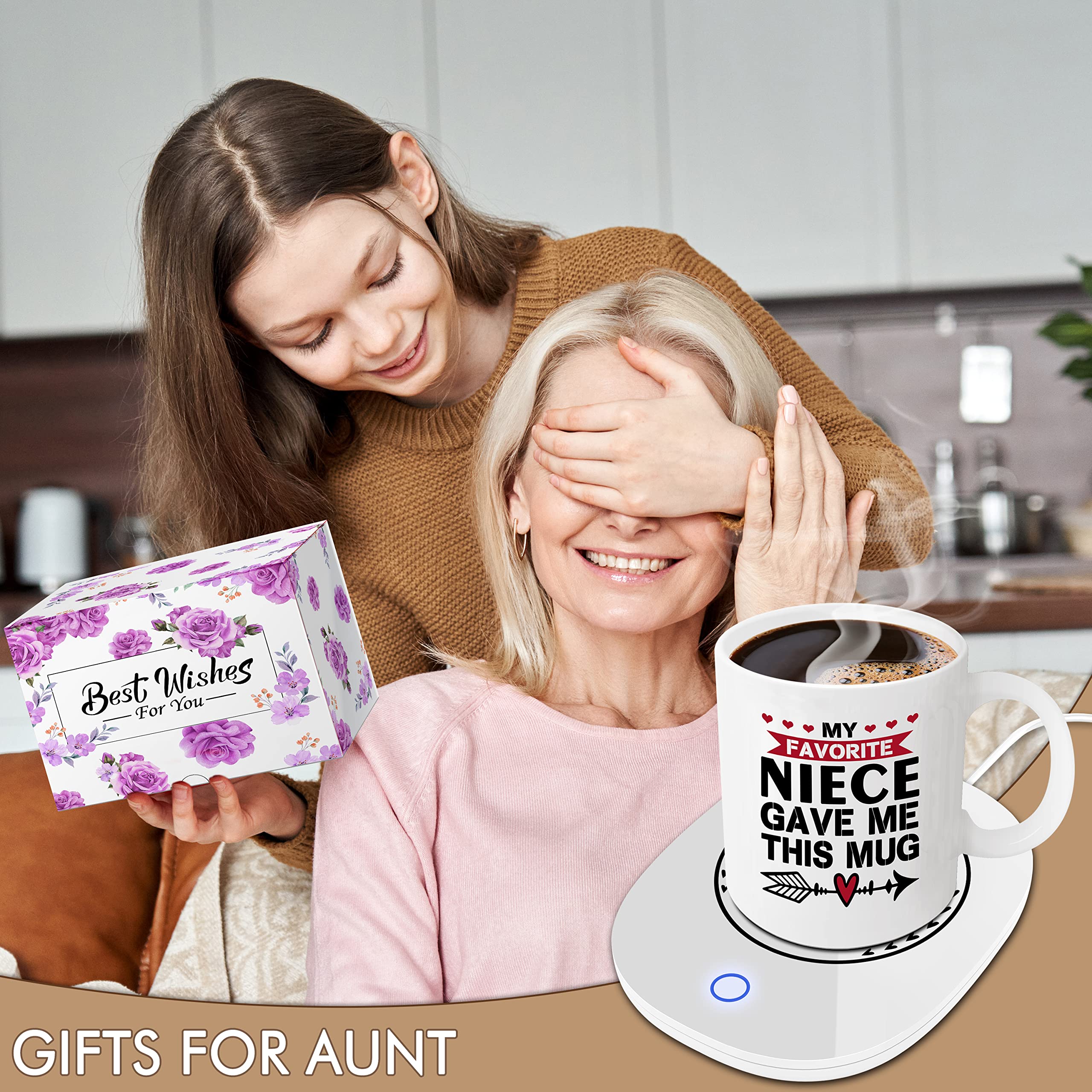 Aunt Gifts, Gifts for Aunt Mothers Day, Best Aunt Ever Gifts from Niece/Nephew, Birthday Gift for Aunt, Smart Warmer Thermostat Coaster with Mug, Beverage Warmer Maintain Temperature 120℉-140℉