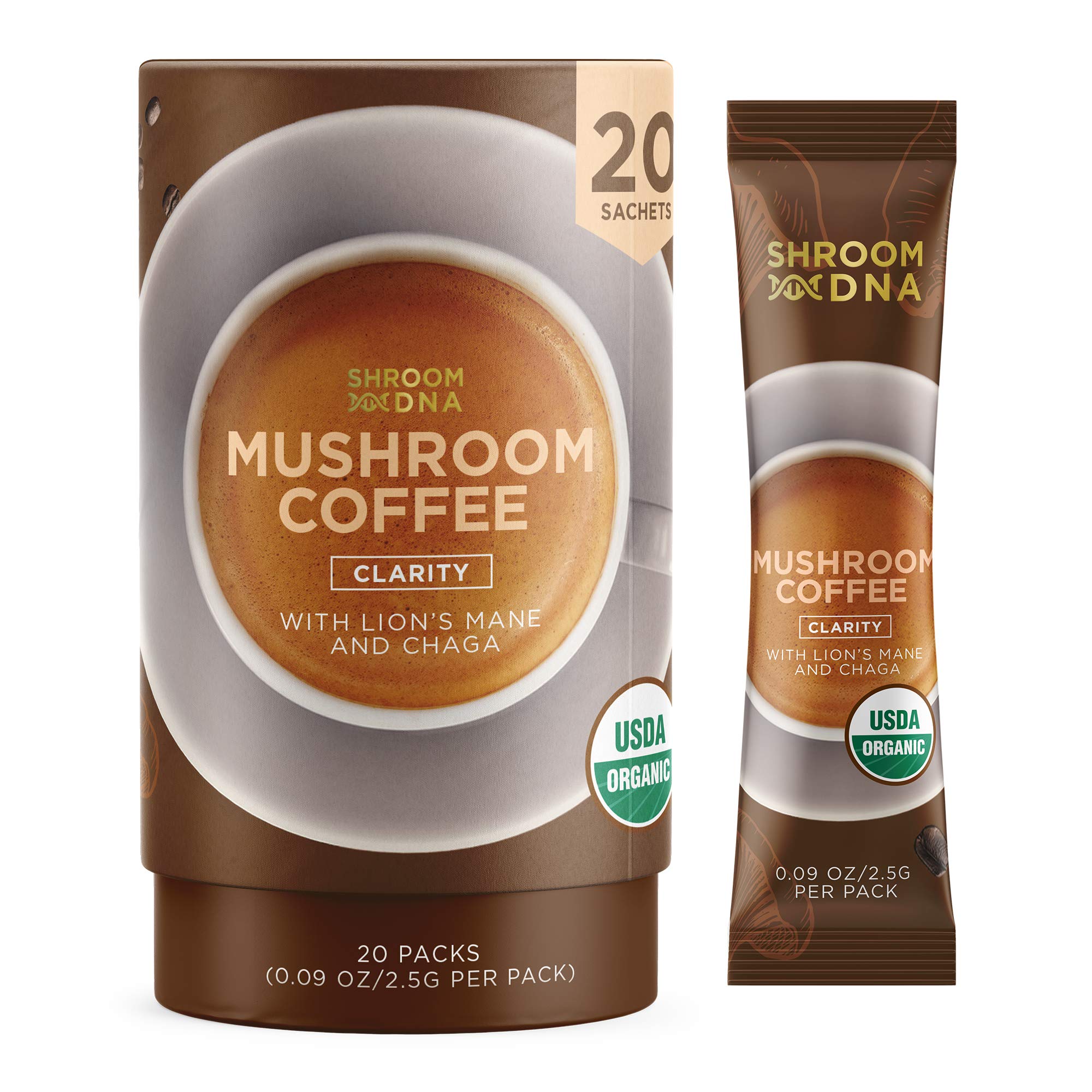 ShroomDNA Mushroom Coffee Blend with Chaga & Lion's Mane | Instant Focus + Clarity All Day | Organic + Vegan + Gluten Free | No Added Sugar | 20 Count