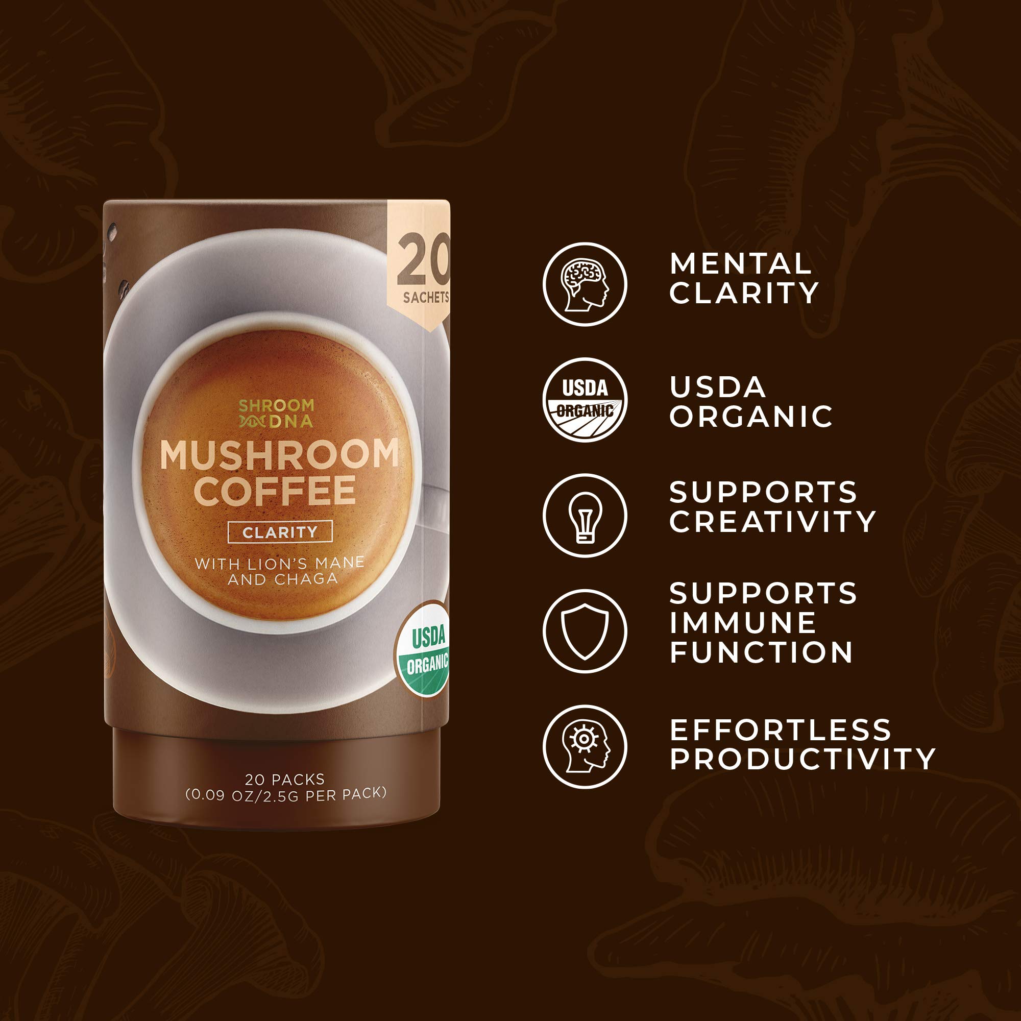 ShroomDNA Mushroom Coffee Blend with Chaga & Lion's Mane | Instant Focus + Clarity All Day | Organic + Vegan + Gluten Free | No Added Sugar | 20 Count