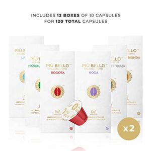 Piu Bello Coffee Pods Variety Pack - Nespresso Machine (Original) Compatible Capsules - Light Roast, Dark Roast, Chocolate, Nuts, Caramel - Rich & Balanced Taste, Kosher (6 Flavor Multipack 120 Count)