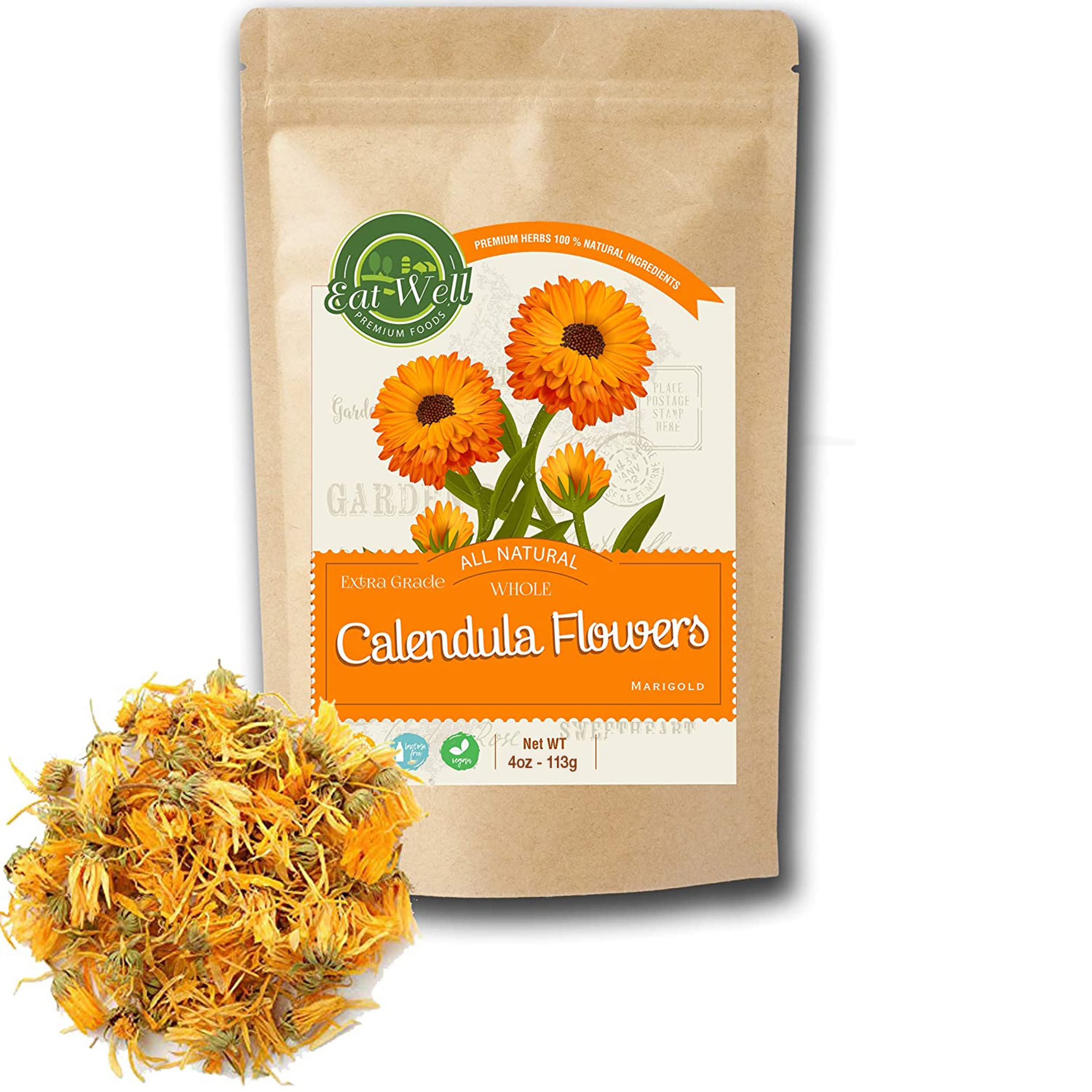 Eat Well Dried Calendula Flowers for Loose Leaf Tea 4 oz, Fragrant Dried Calendula Petals for Calendula Tea, Calendula Buds For Baking, Natural Edible Marigold Flowers, Gourmet Herbal Tea Ingredient