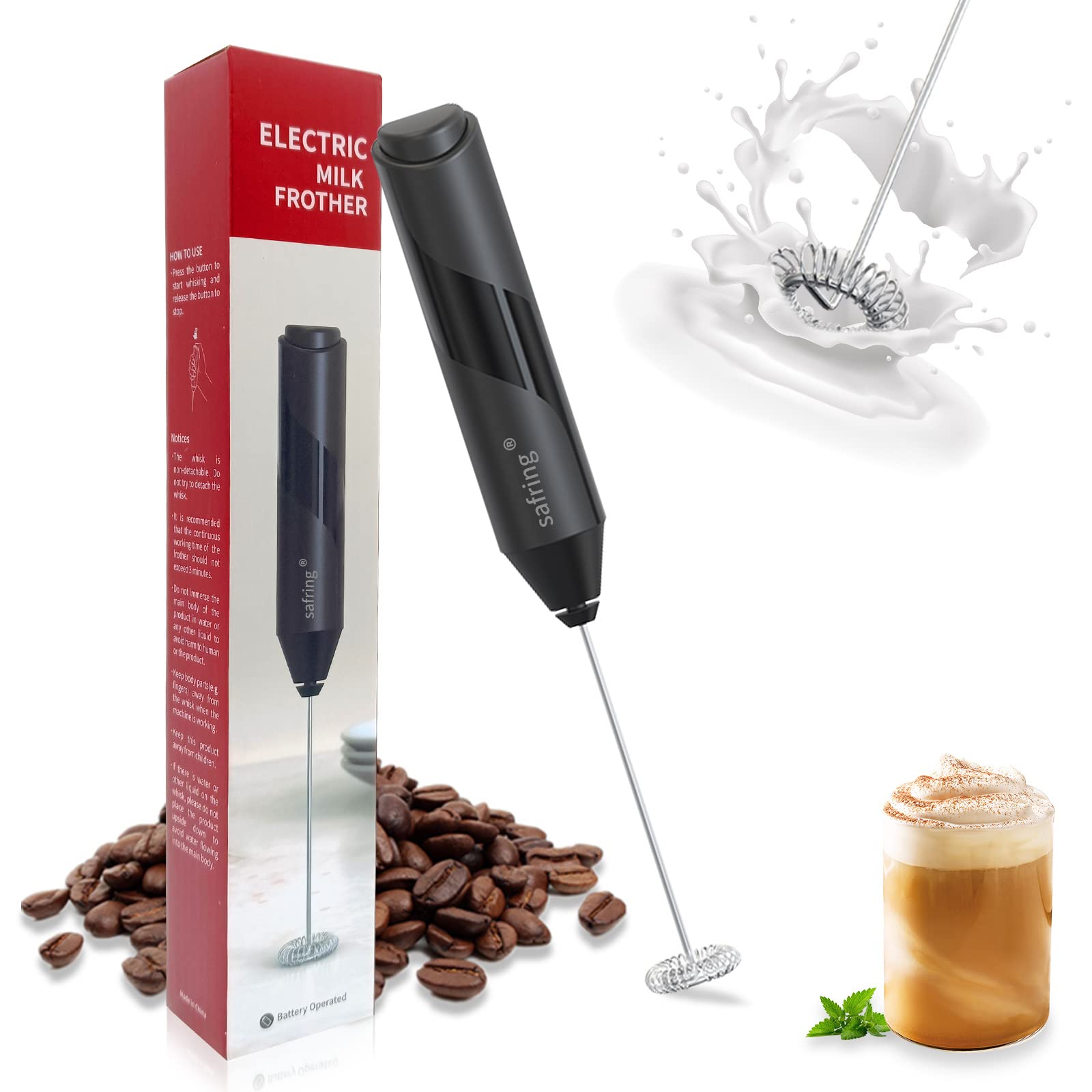 Safring Milk Frother for Coffee - Handheld Stainless Steel Electric Whisk, Battery Powered Foam Maker, Coffee Mixer, Mini Drink Blender for Latte, Frappe, Matcha, Hot Chocolate(Black)