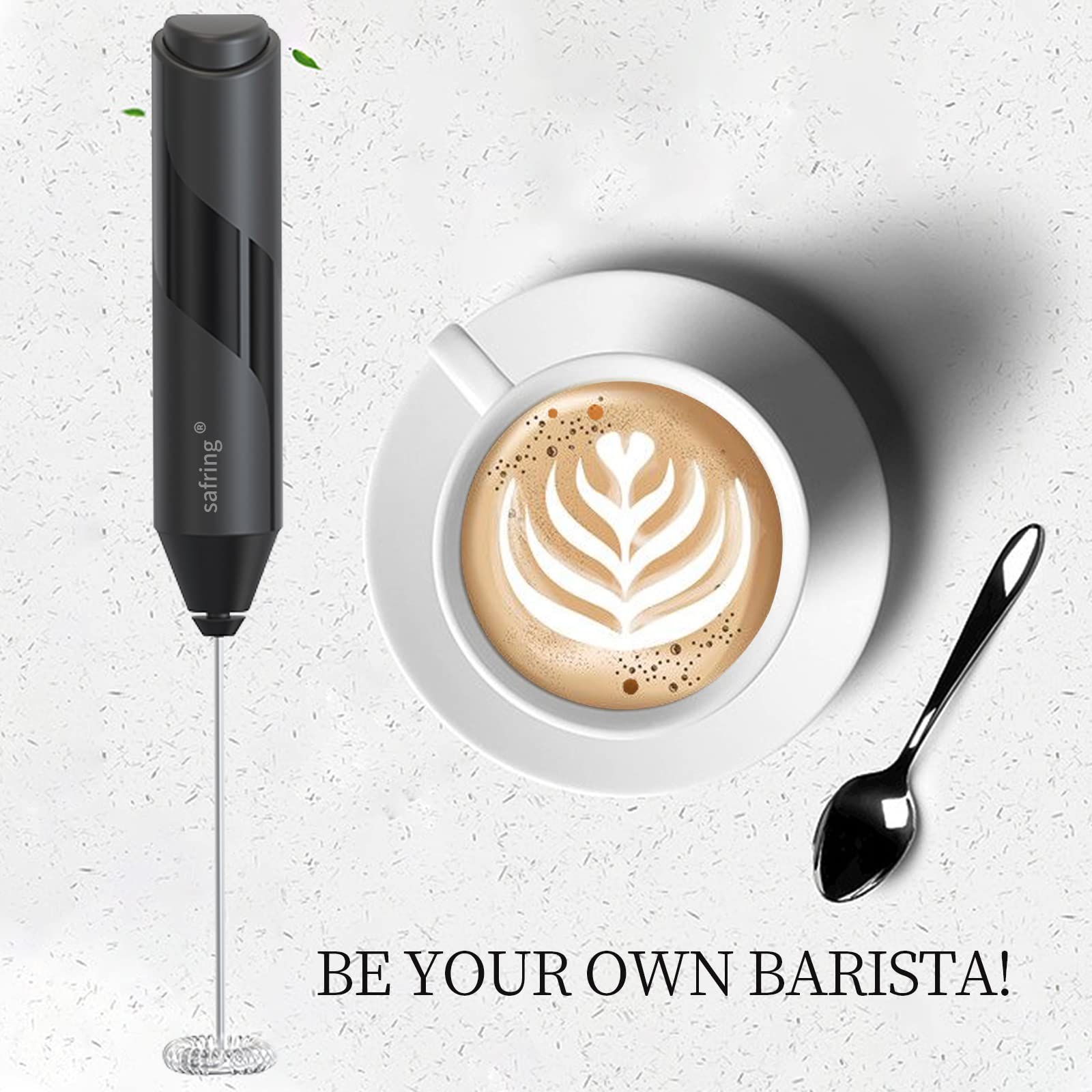 Safring Milk Frother for Coffee - Handheld Stainless Steel Electric Whisk, Battery Powered Foam Maker, Coffee Mixer, Mini Drink Blender for Latte, Frappe, Matcha, Hot Chocolate(Black)