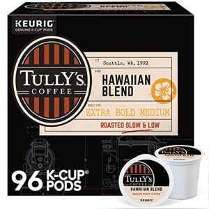 tully's coffee hawaiian blend keurig single-serve k-cup pods, medium roast coffee, 96 count (4 packs of 24)