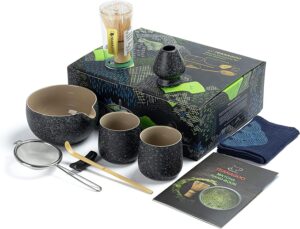 teanagoo matcha set matcha whisk matcha bowl with pouring spout scoop matcha whisk holder tea making kit. 1 japanese tea set (7pcs) + 2cups(7.2oz),s1,charcoal grey,color box packing