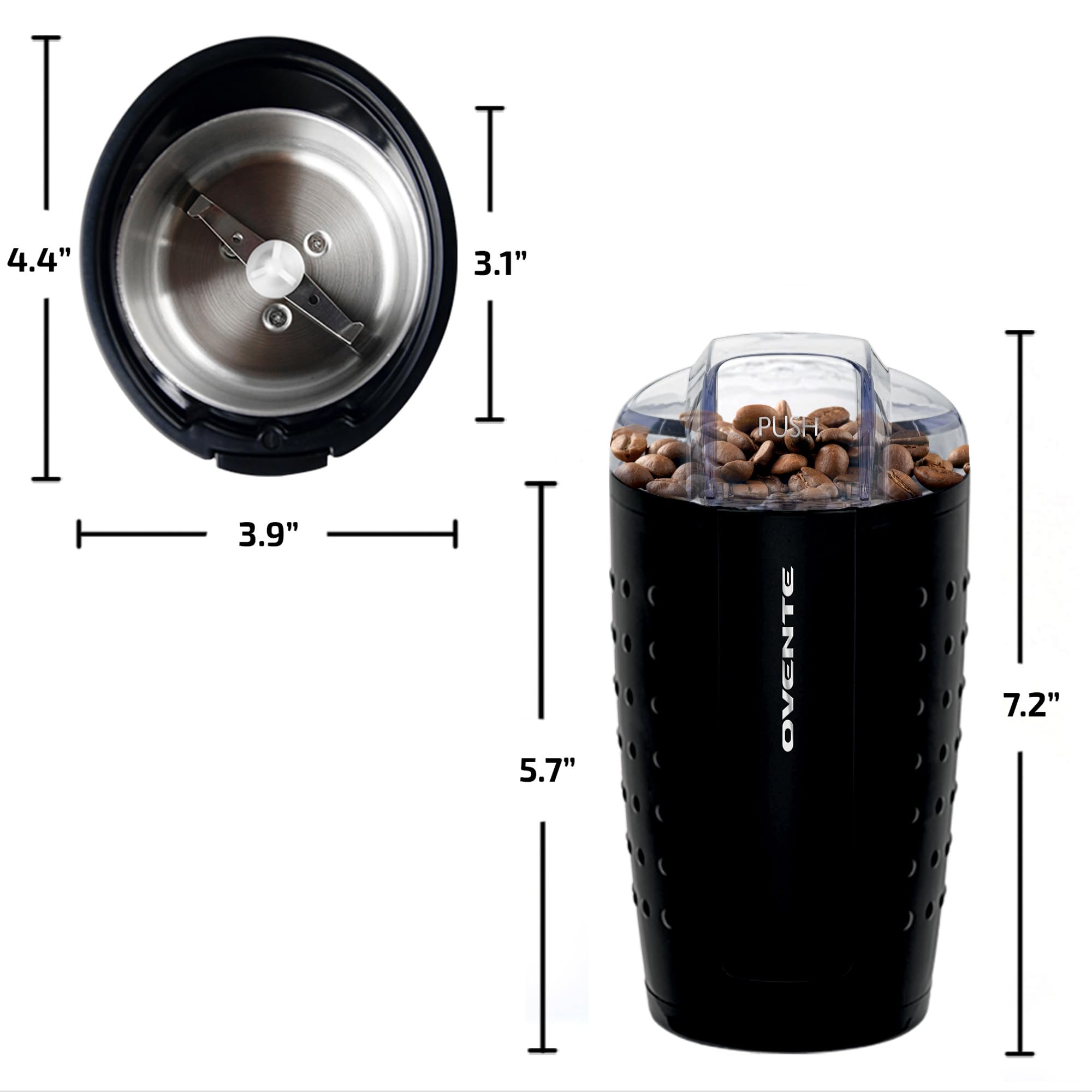 OVENTE Electric Coffee Grinder - Small Portable & Compact Grinding Mill with Stainless Blade for Bean Spices Herb and Tea, Perfect for Home & Kitchen - Black CG225B