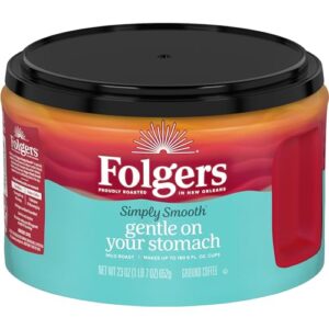 folgers simply smooth mild roast ground coffee, 23 ounce (pack of 6), gentle on your stomach (packaging may vary)