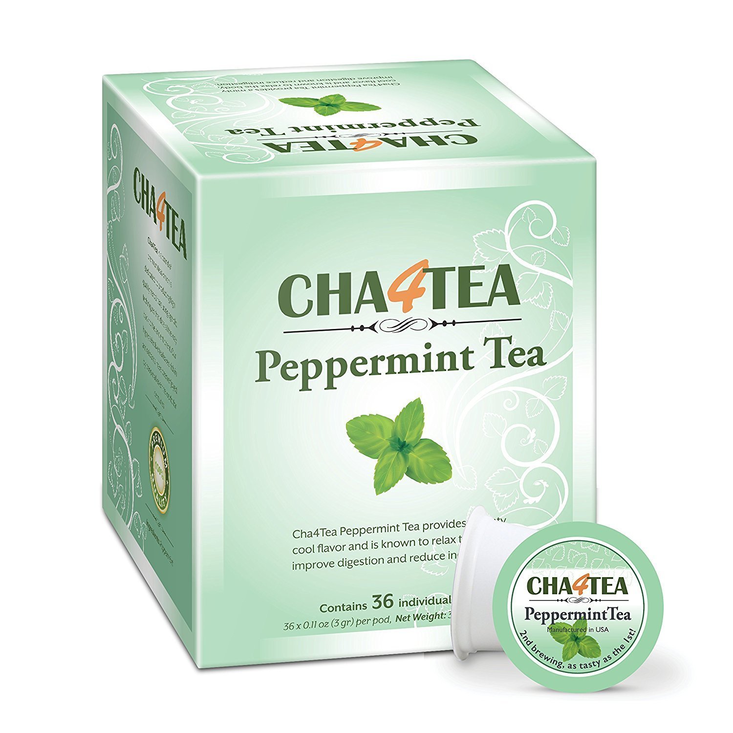 Cha4TEA 36-Count Peppermint Tea Pods for Keurig K-Cup Brewers