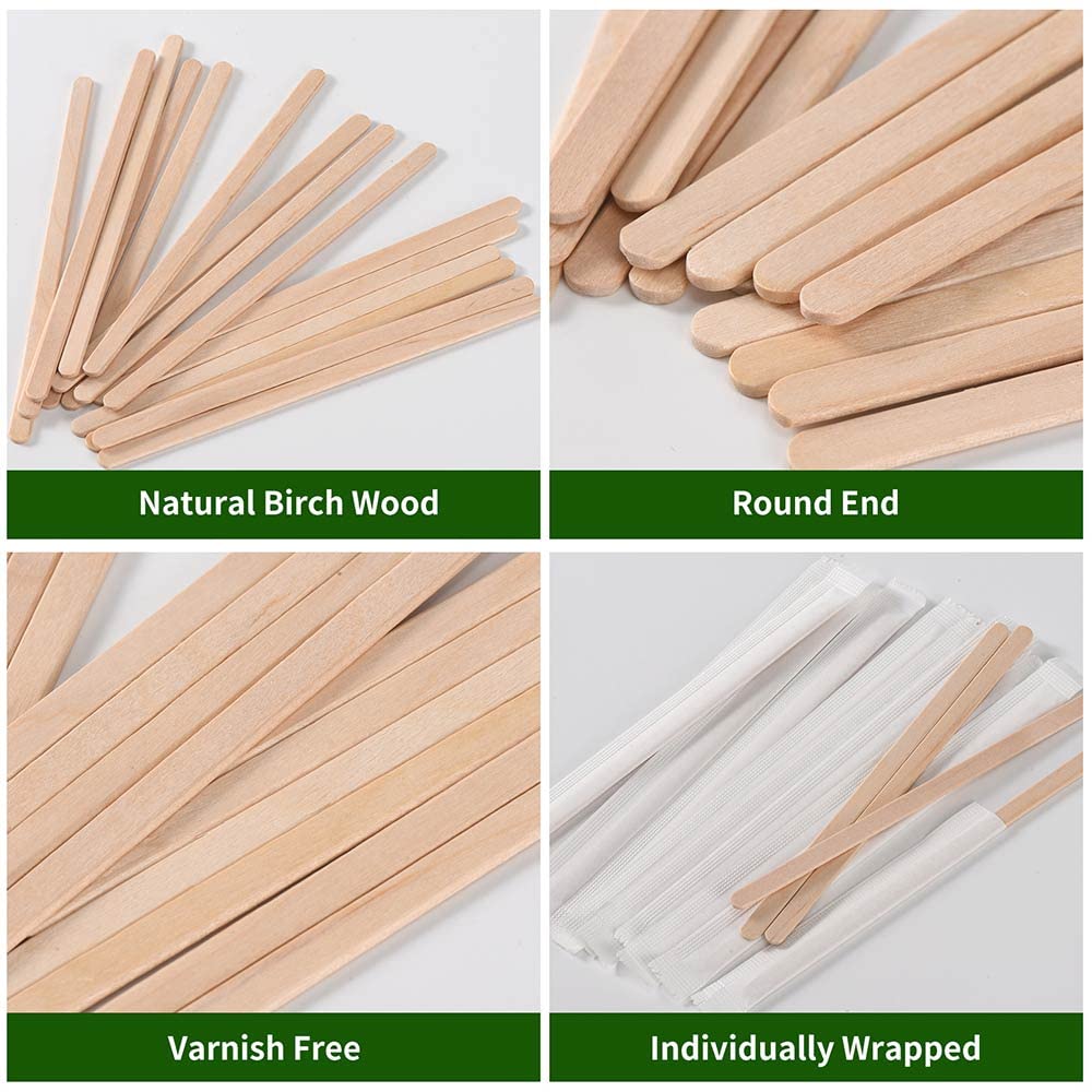 MFJUNS 200pcs Individually Wrapped Coffee Stirrers Wood - 5.5" Coffee Stir Sticks, Round End Disposable coffee stirrer, For Coffee, Cocktail and Hot Drinks