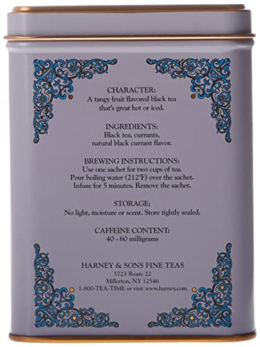 Harney & Sons Caffeinated Tea Tin Sachets, Black Currant, 20 Count