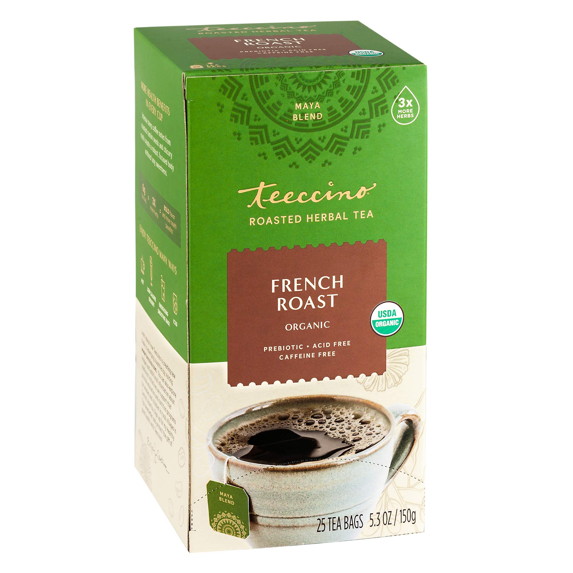 Teeccino French Roast Herbal Tea - Rich & Roasted Herbal Tea That’s Caffeine Free & Prebiotic for Natural Energy, Coffee Alternative, 25 Tea Bags