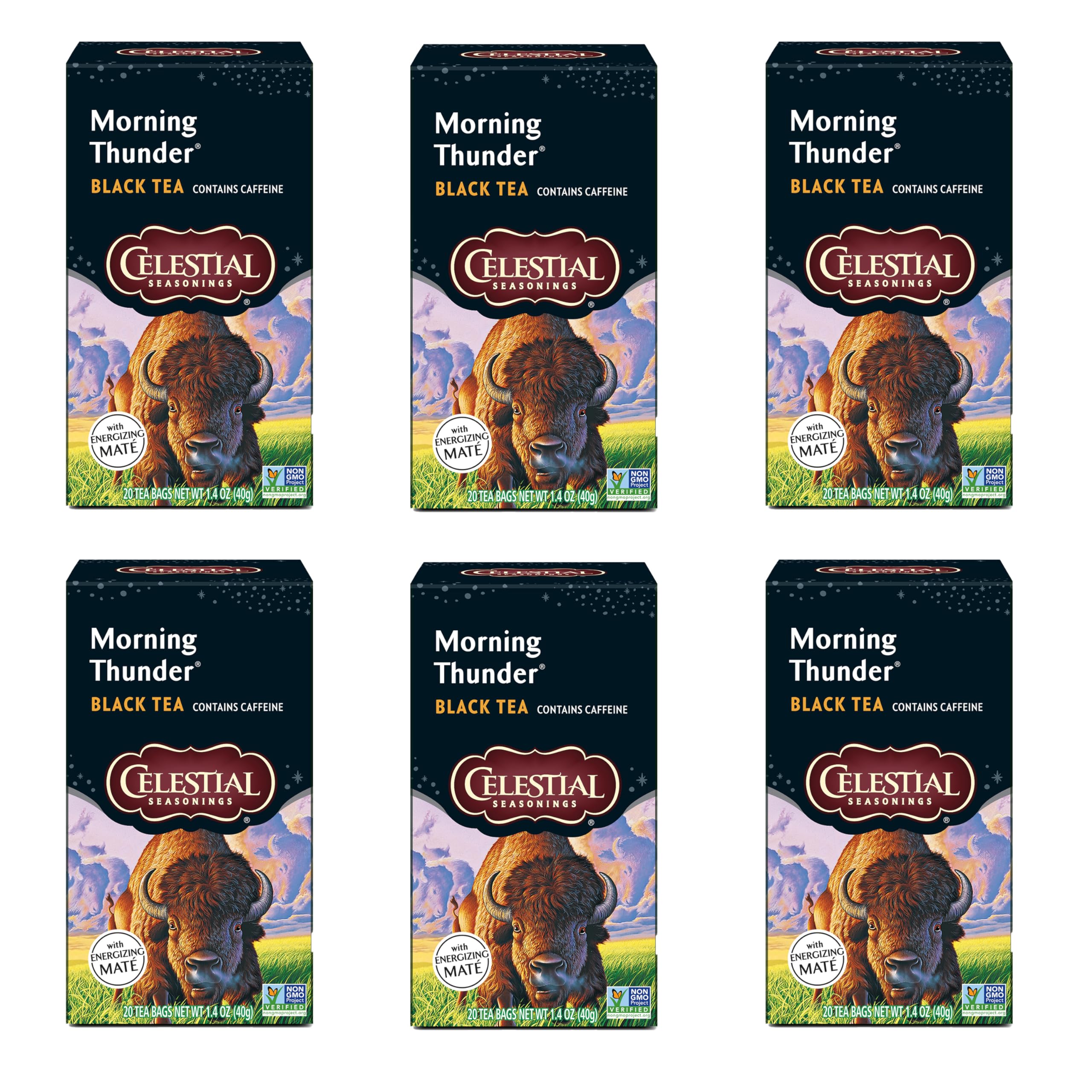 Celestial Seasonings Morning Thunder Black Tea, Caffeinated, 20 Tea Bags Box, (Pack of 6)