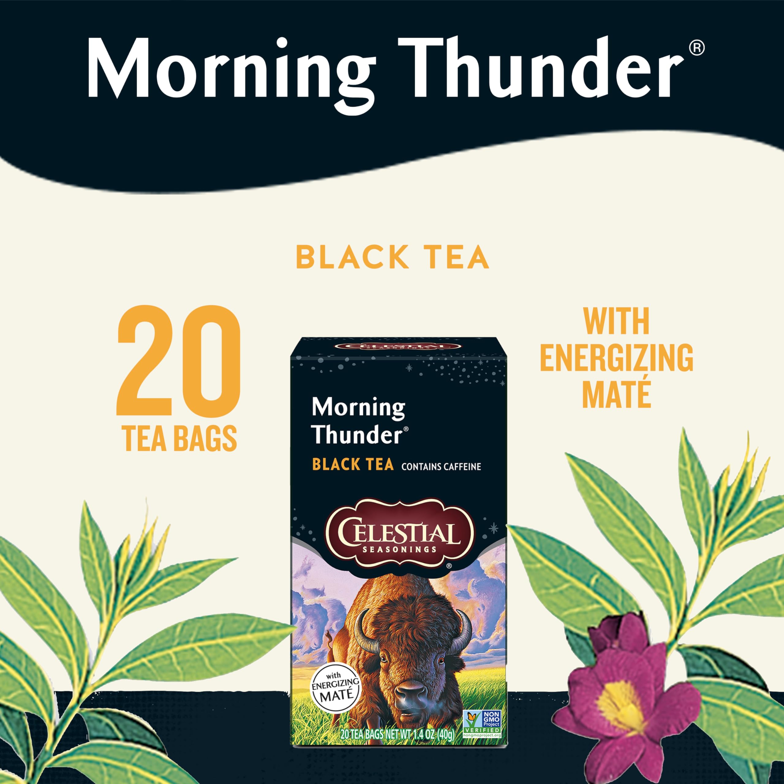 Celestial Seasonings Morning Thunder Black Tea, Caffeinated, 20 Tea Bags Box, (Pack of 6)