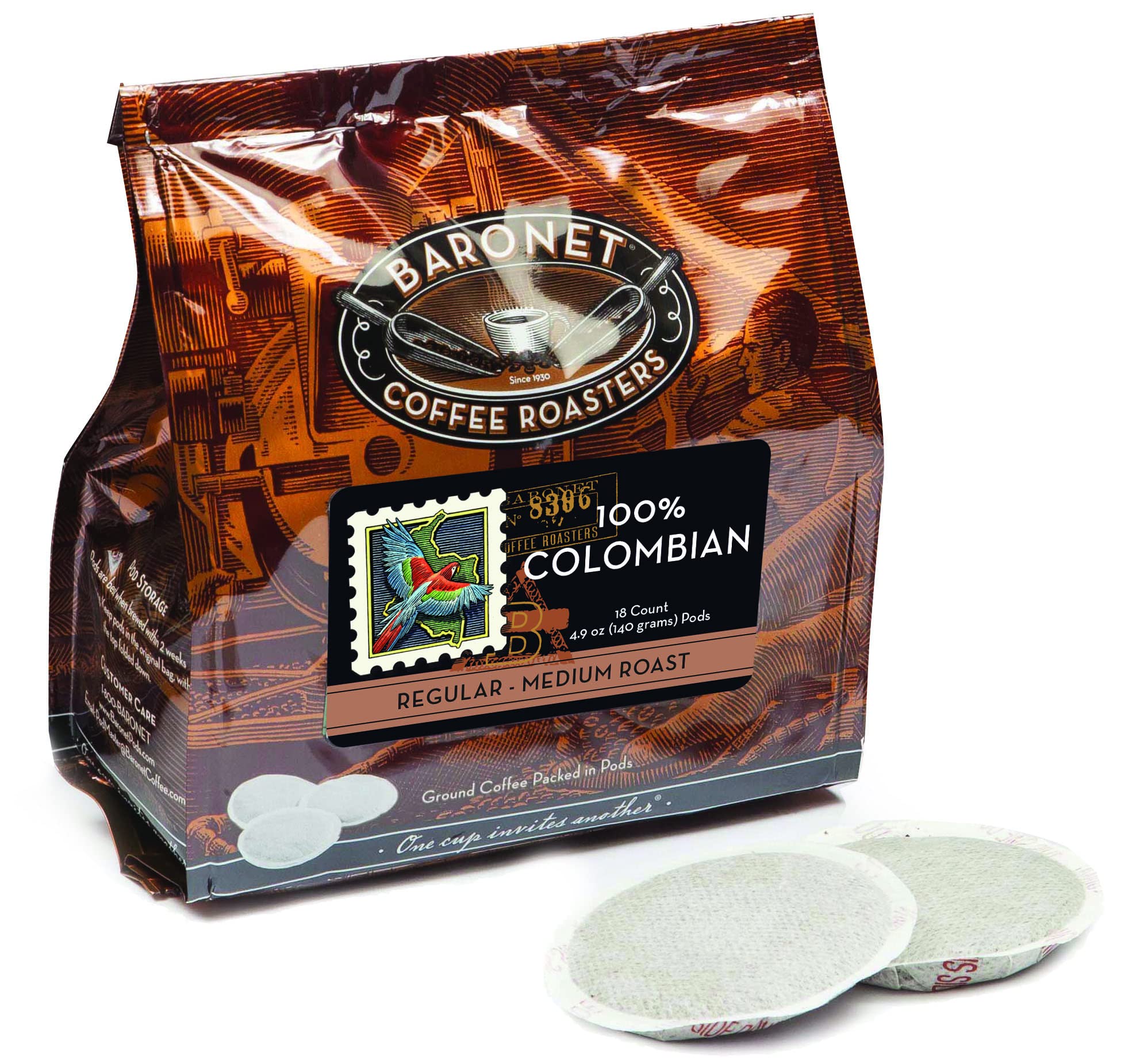 Baronet Coffee Pods [100% Colombian Coffee -54 Pods] Single Cup Use Like Senseo Coffee Pods- 3 Bags of 18 Single Serve 8 Gram Pods, Regular Strength Soft Coffee Pods, Medium Roast [100% Colombian]