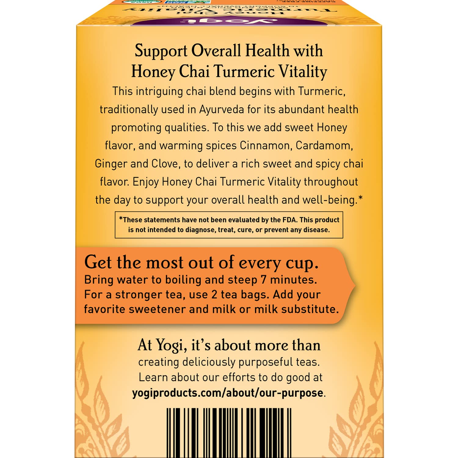 Yogi Tea Honey Chai Turmeric Vitality Tea - 16 Tea Bags per Pack (6 Packs) - Organic Tea to Support Overall Health - Includes Cinnamon Bark, Turmeric Root, Cardamom Pod, Ginger Root & More