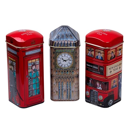 New English Teas British Souvenir 3x Tea Tins with 42 English Breakfast Teabags - Big Ben, London Bus, Telephone Box, UK Foods