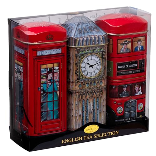 New English Teas British Souvenir 3x Tea Tins with 42 English Breakfast Teabags - Big Ben, London Bus, Telephone Box, UK Foods