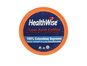 healthwise low acid swiss water decaffeinated coffee for keurig k-cup brewers, 100% colombian decaf supremo, 12 count