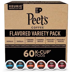 peet's coffee, flavored coffee k-cup pods for keurig brewers - coffee pods variety pack, vanilla, hazelnut mocha, caramel brûlée, 60 count (6 boxes of 10 k-cup pods)