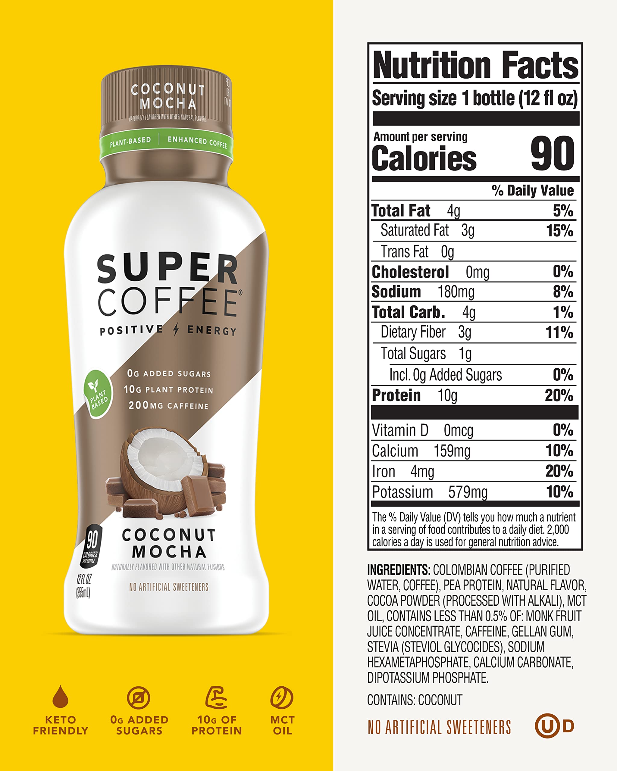 Super Coffee, Ready To Drink Iced Coffee, Coconut Mocha (12 Ounce Bottles, Pack of 12) - Low Net Carbs, No Added Sugar, Keto Friendly, 10g of Protein, Low Calorie, Protein Coffee, Smart Coffee