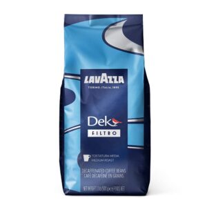 lavazza dek filtro whole bean coffee medium roast 1.1lb bag ,authentic italian, blended and roasted in italy, roasted cereals and barrique aromatic note, nut free