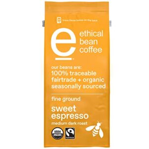 ethical bean fairtrade organic coffee, sweet espresso medium dark roast, ground coffee beans - 100% arabica coffee (8 oz bag), 0.5 pound (pack of 1)