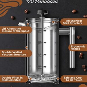 Panabaru French Press Coffee Maker 34oz Double-Wall Insulated Stainless Steel replacement filter included Tea Espresso and cold brew