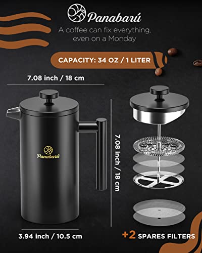 Panabaru French Press Coffee Maker 34oz Double-Wall Insulated Stainless Steel replacement filter included Tea Espresso and cold brew